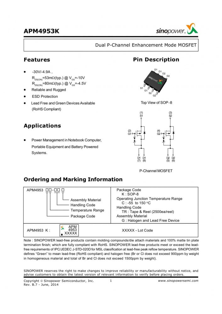 APM4953 datasheet page 1