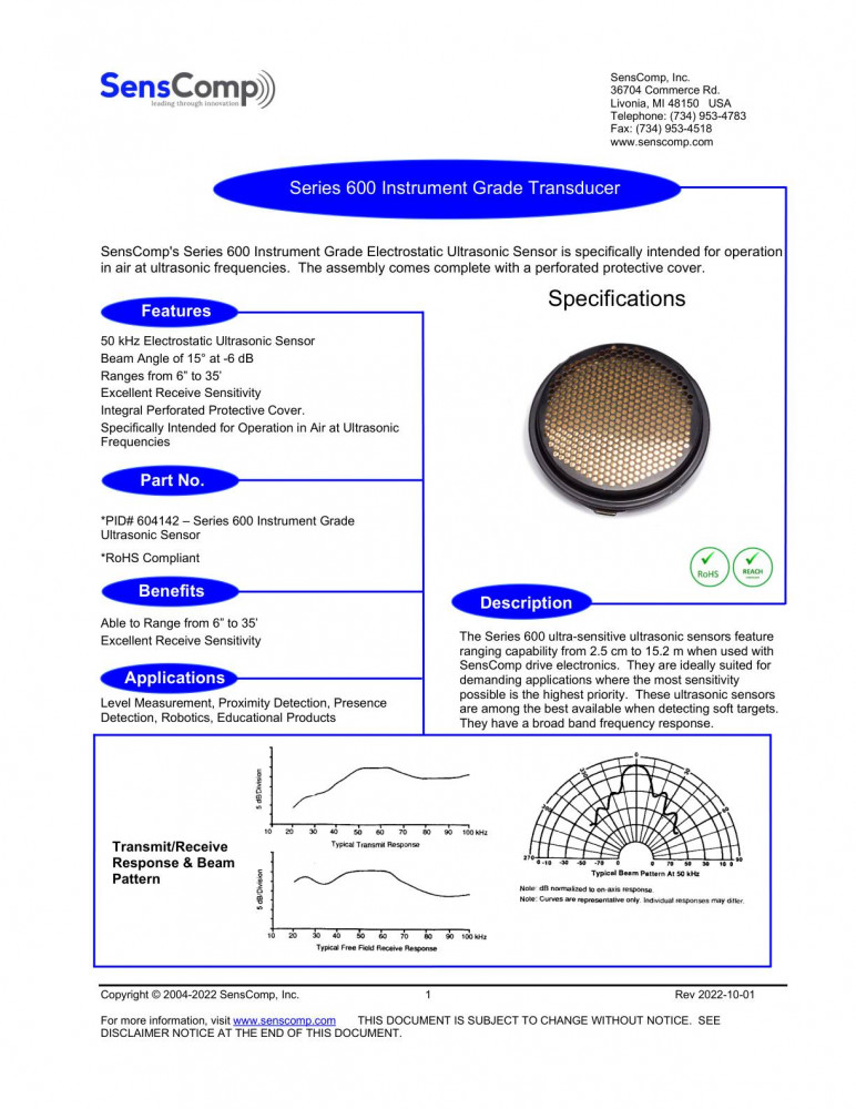 SensComp 604142 product specification page 1
