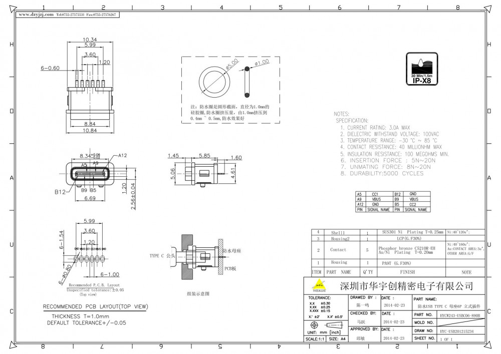 HOAUC HYCW243-USBC06-890B technical drawing