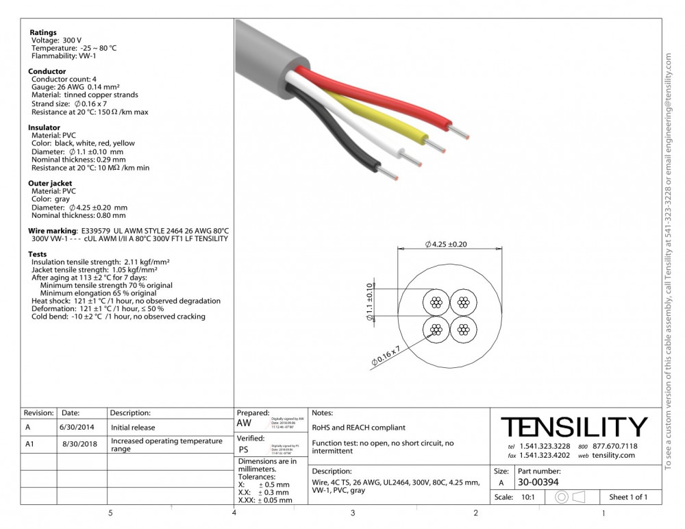 Tensility International 30-00394 cable specification drawing