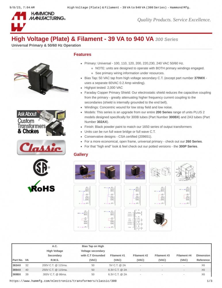 Hammond 300 Series technical document page 1