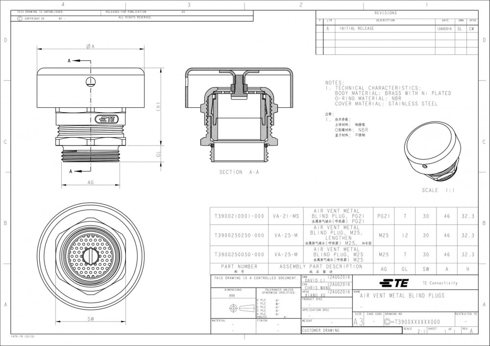 TE Connectivity T3900250050-000 technical drawing