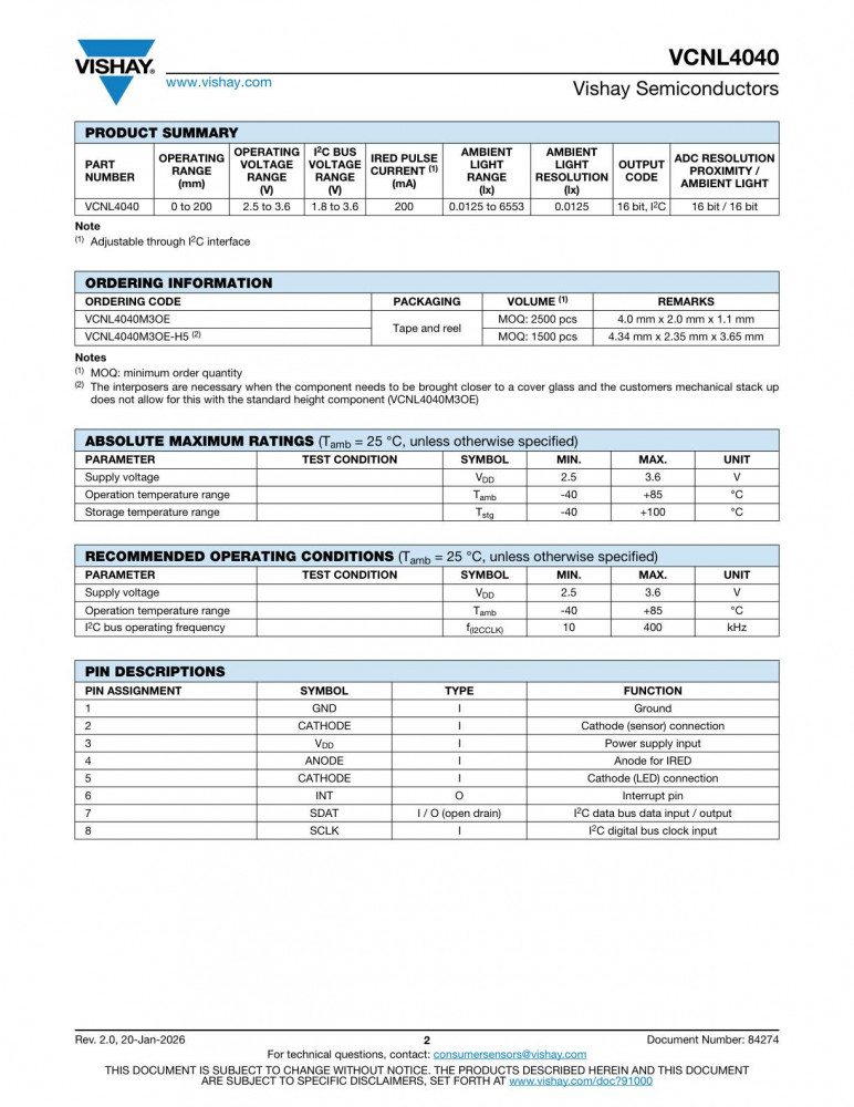 VCNL4040 datasheet page 2