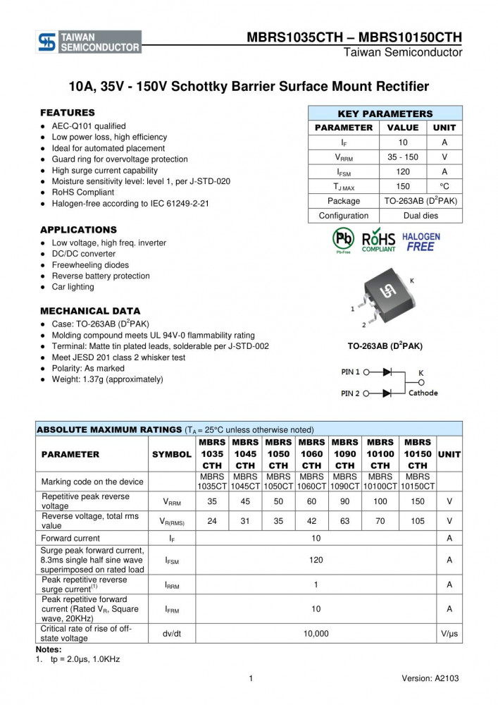MBRS1090CTH datasheet page 1