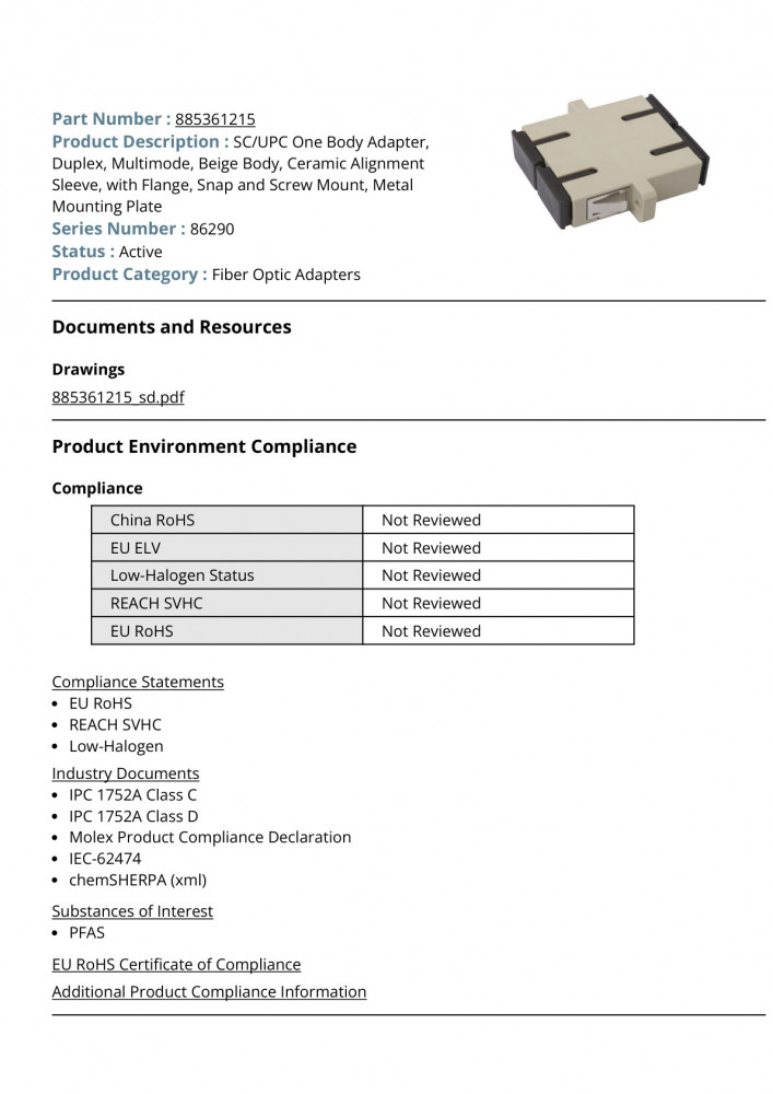 MOLEX 885361215 product drawing, page 1