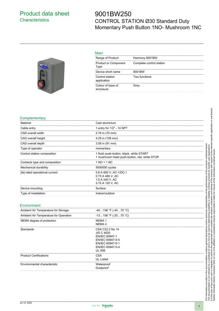 9001BW250 technical document page 1