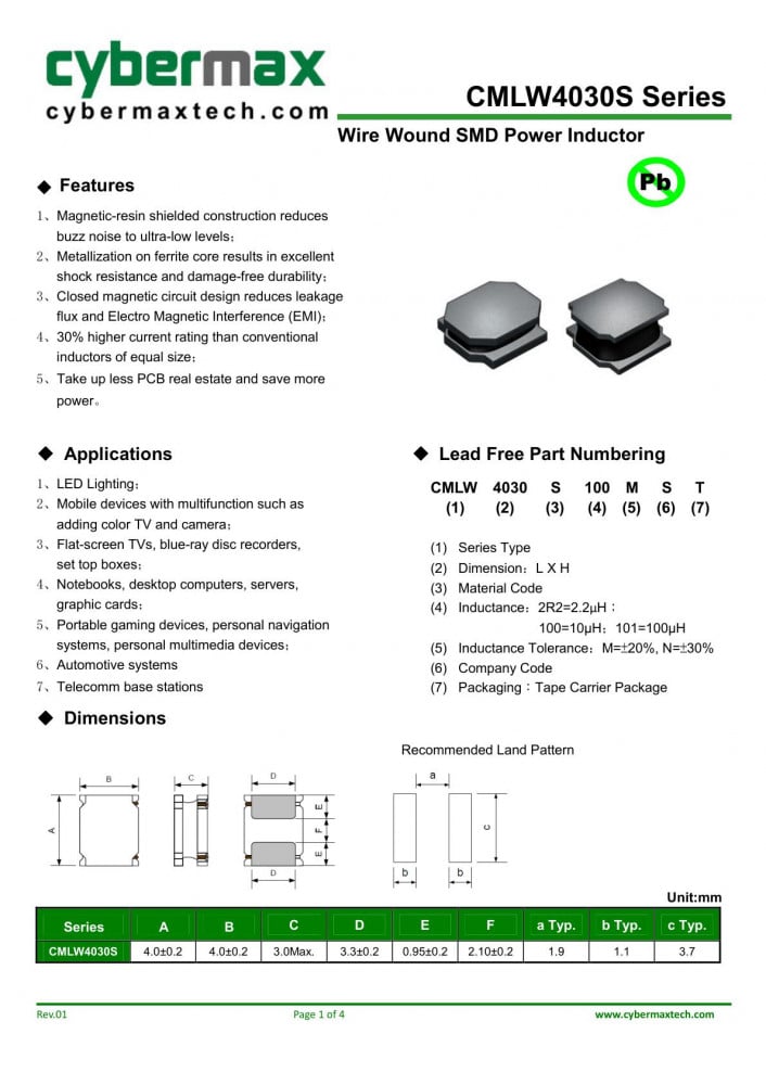Cybermax CMLW4030S datasheet page 1