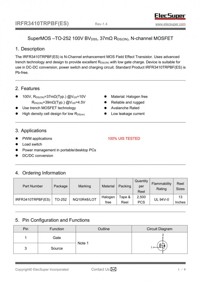 IRFR3410TRPBF(ES) datasheet page 1