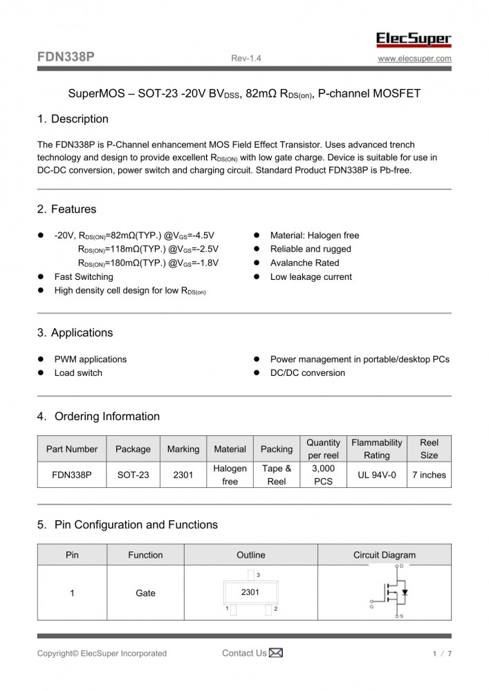 FDN338P datasheet page 1