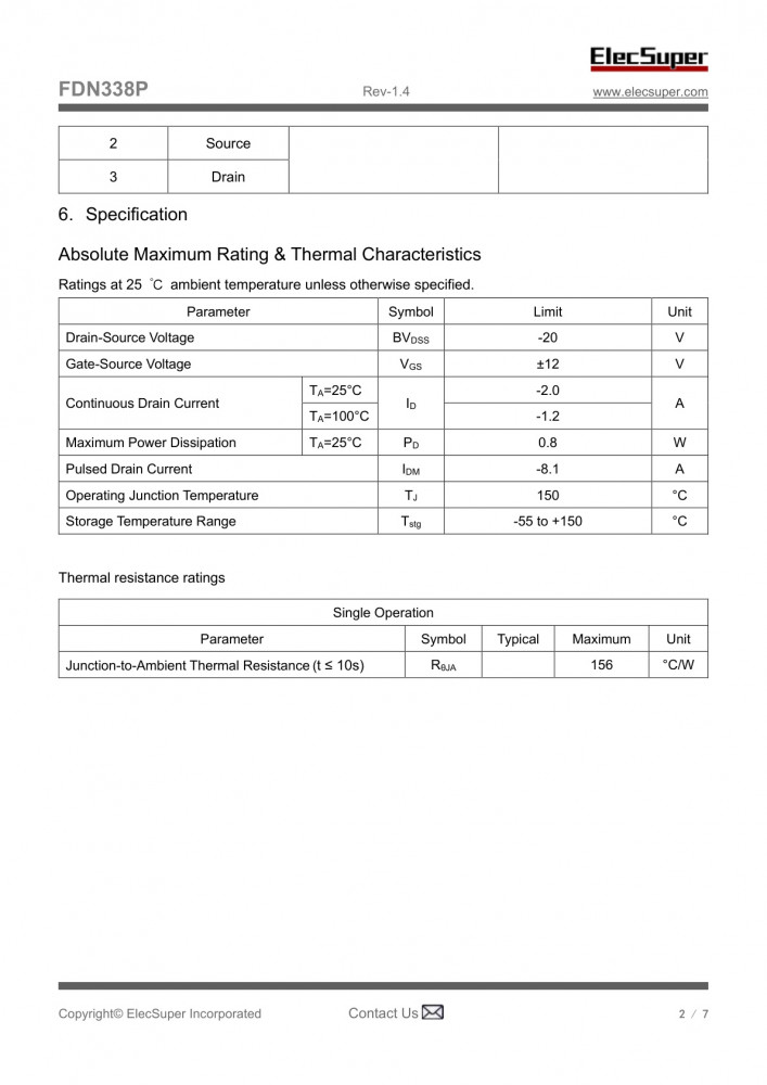 FDN338P datasheet page 2