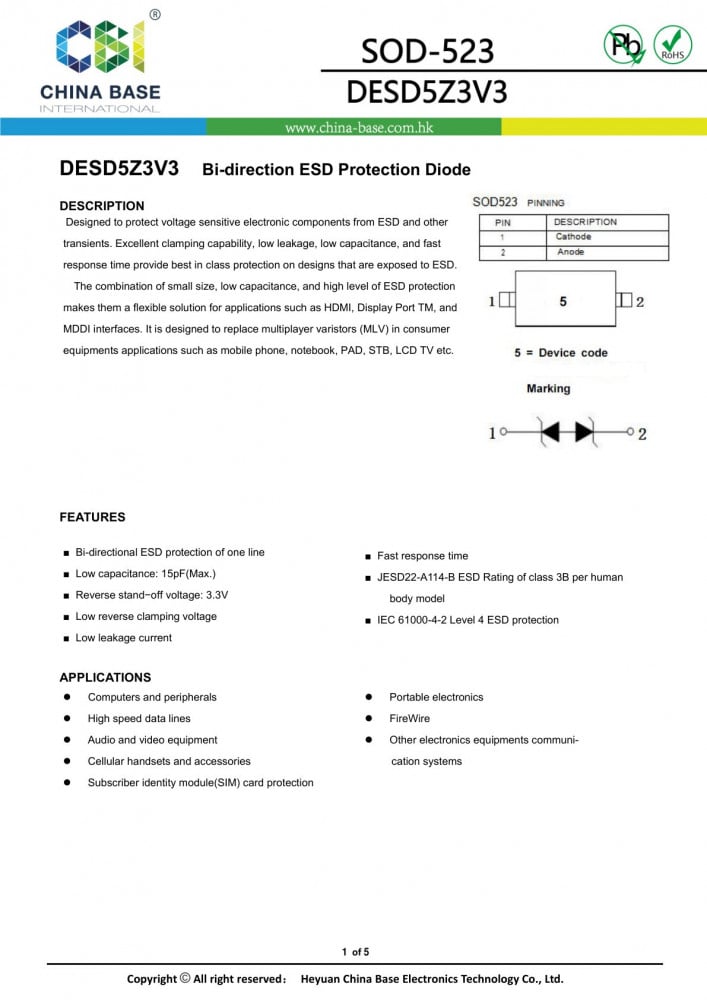 DESD5Z3V3 datasheet page 1