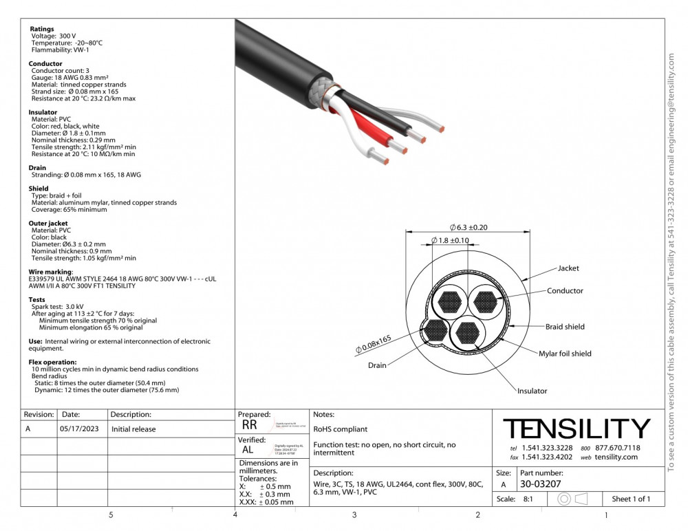 30-03207 technical drawing and cable specification page