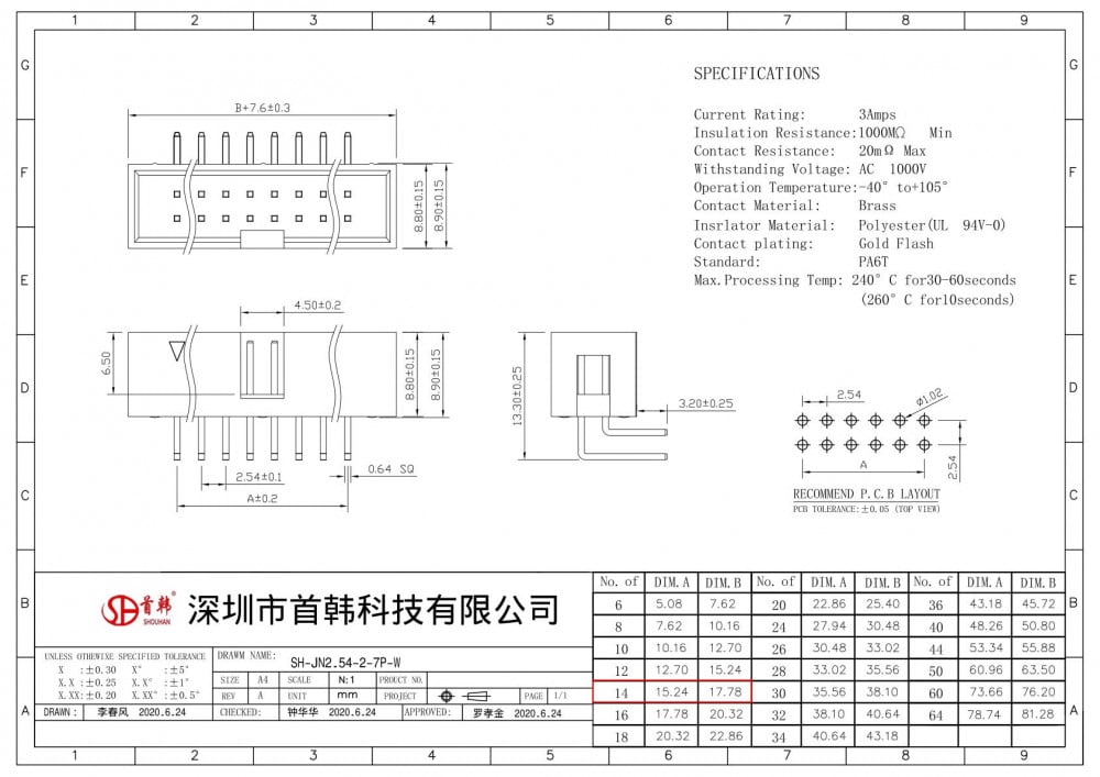 SHOU HAN SH-JN2.54-2-7P-W technical drawing