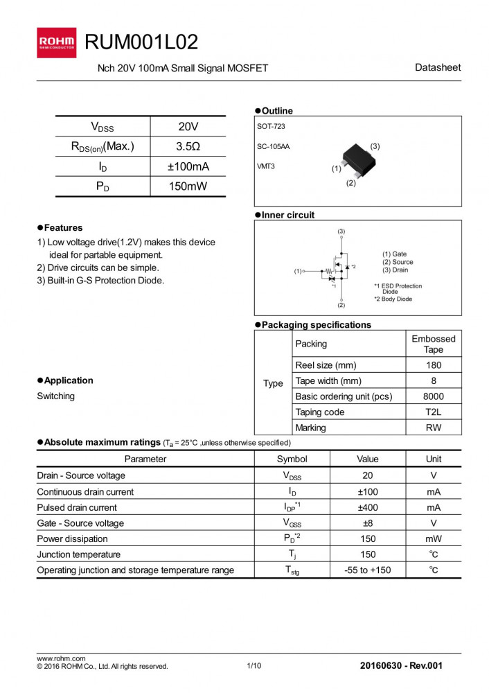 RUM001L02T2CL datasheet page 1