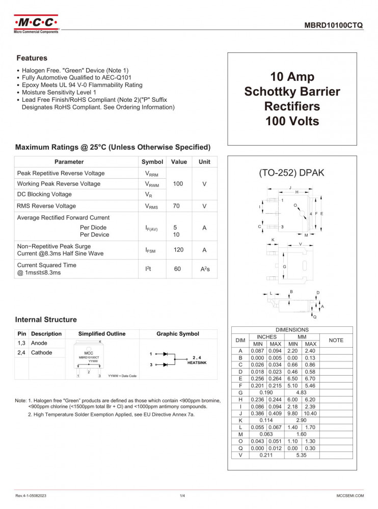 MBRD10100CTQ-TP datasheet page 1