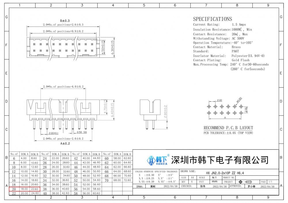 HANXIA HX JN2.0-2x10P ZZ H6.4 technical drawing
