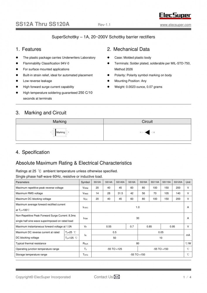 ElecSuper SS14A datasheet page 1