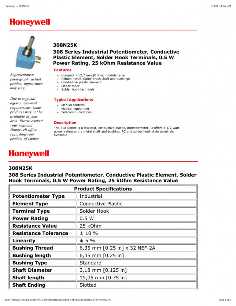 Honeywell 308N25K product document page 1