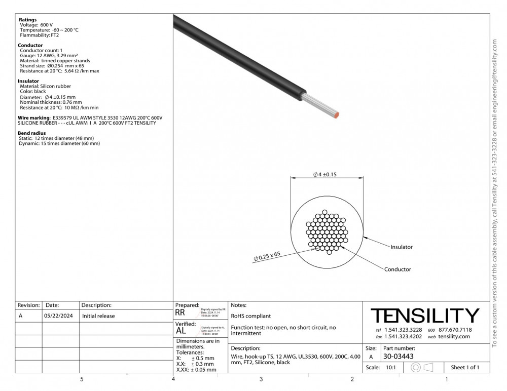 Tensility International 30-03443 wire specification and drawing