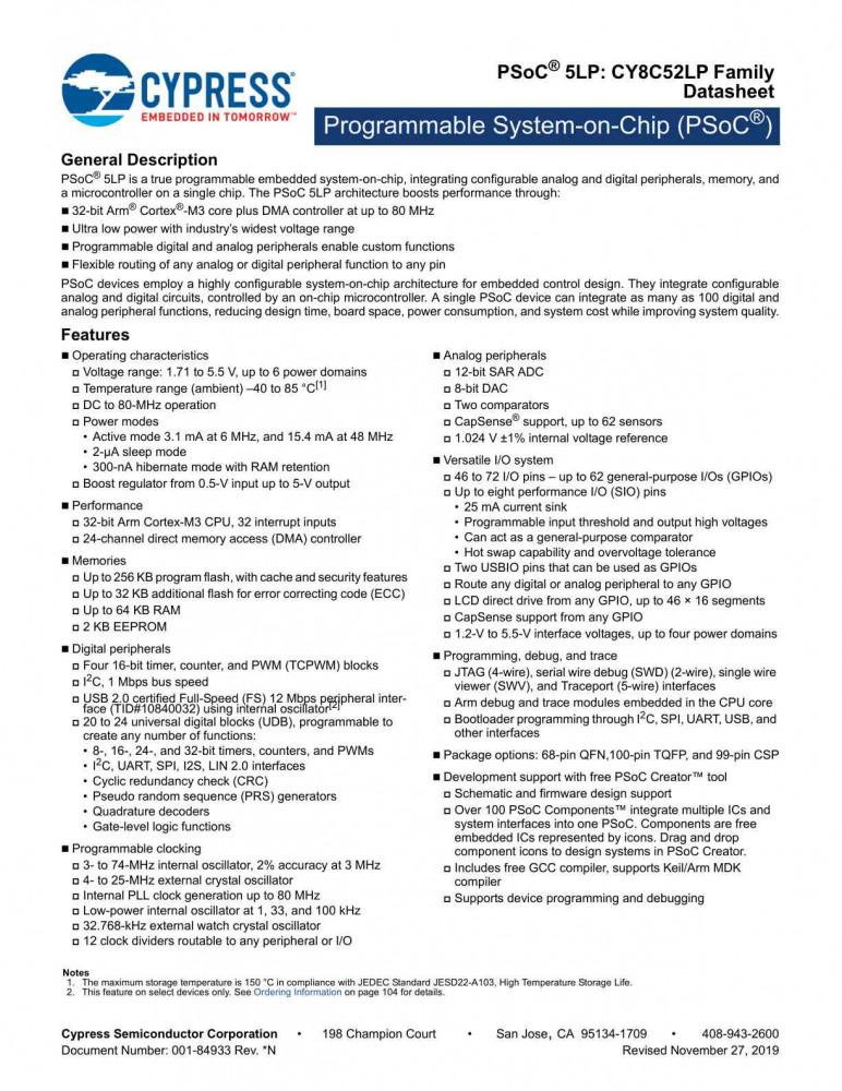 CY8C5268AXI-LP047 technical document page 1