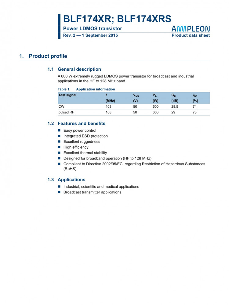 BLF174XR datasheet page 1
