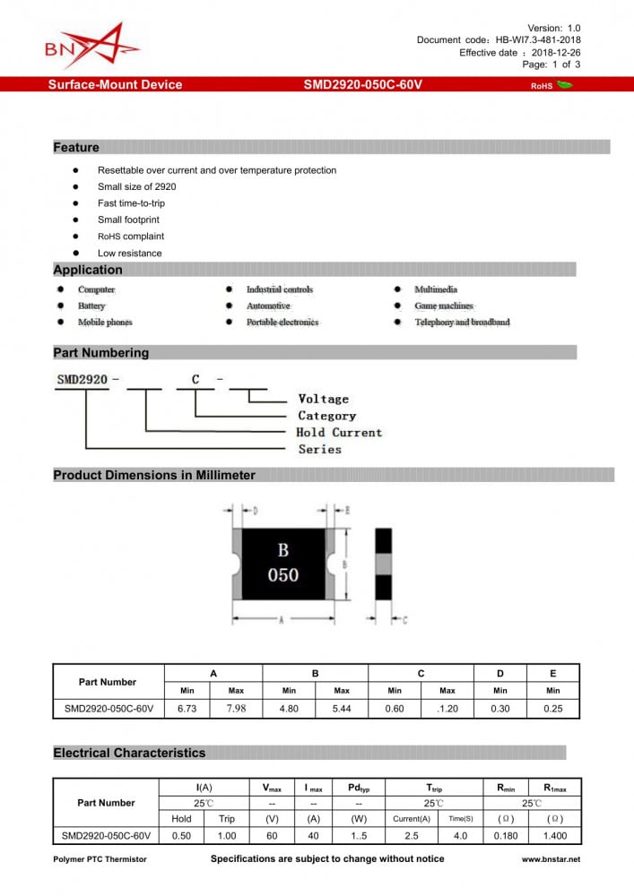 BNstar SMD2920-050C-60V datasheet page 1