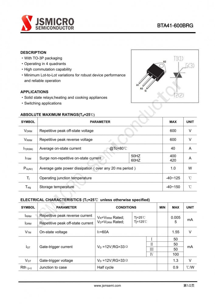 BTA41-600BRG datasheet page 1