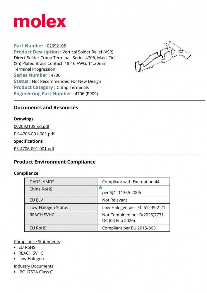 MOLEX strain relief terminal product specification page 1