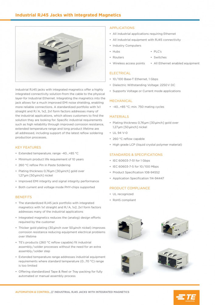 TE Connectivity industrial RJ45 magnetics product sheet page 1