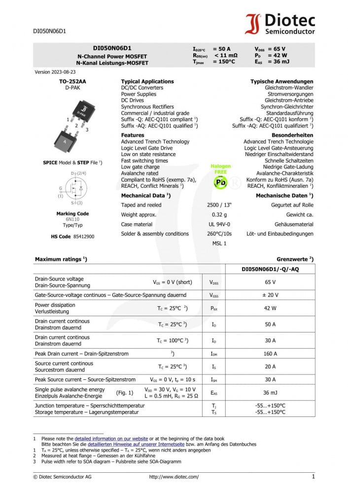 DI050N06D1 datasheet page 1