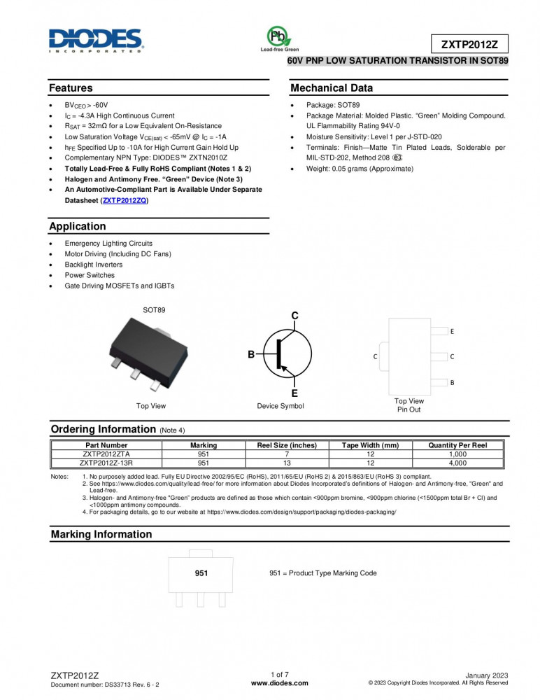 ZXTP2012ZTA datasheet page 1