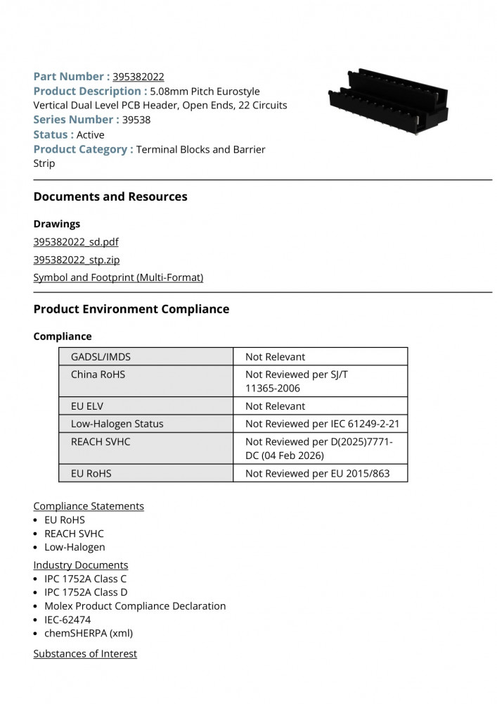 Product document image 1 for MOLEX 395382022