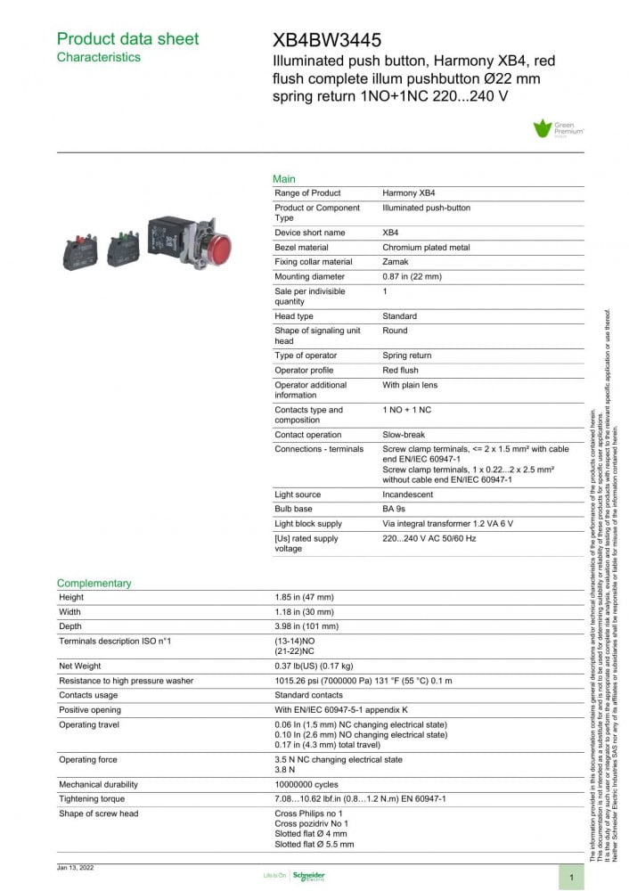 XB4BW3445 technical document page 1