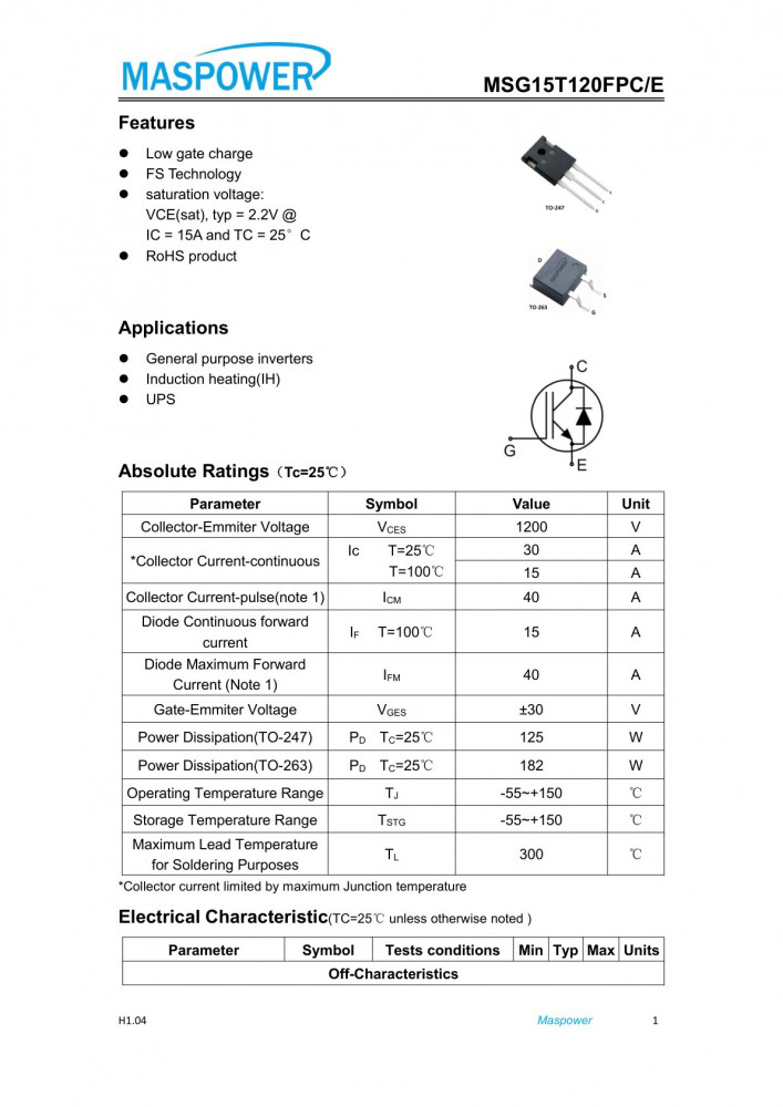MSG15T120FPE datasheet page 1