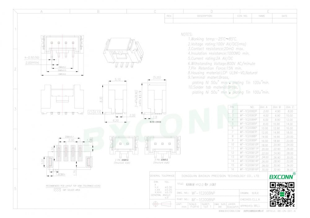 BXCONN WF-1E200B3P technical drawing page 1
