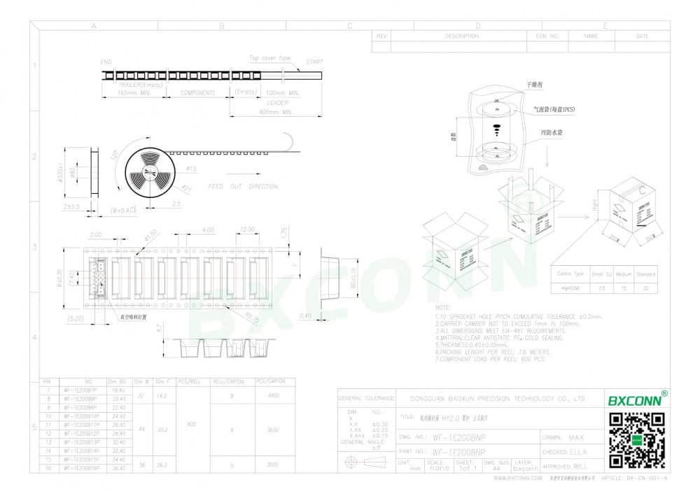 BXCONN WF-1E200B3P carrier tape page