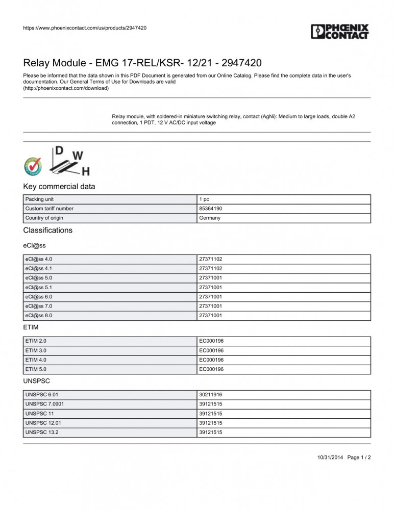 Phoenix Contact 2947420 relay module technical document page 1