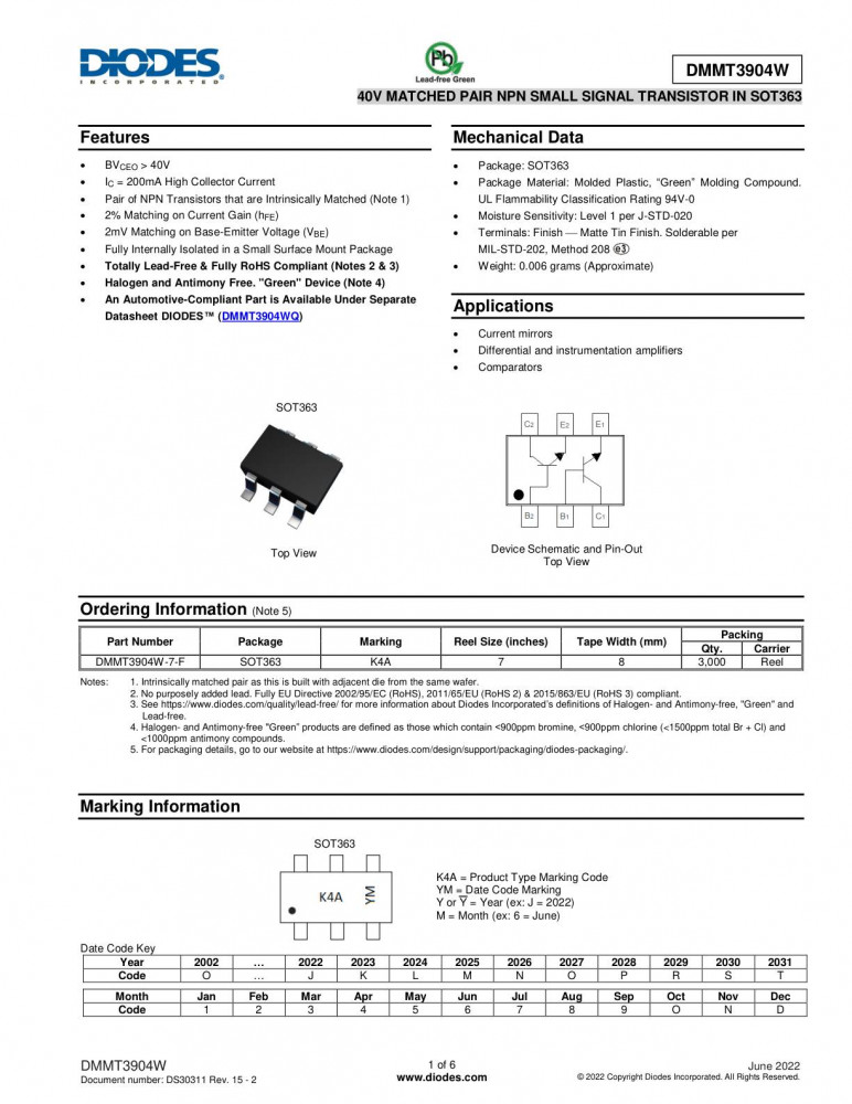 DMMT3904W-7-F datasheet page 1