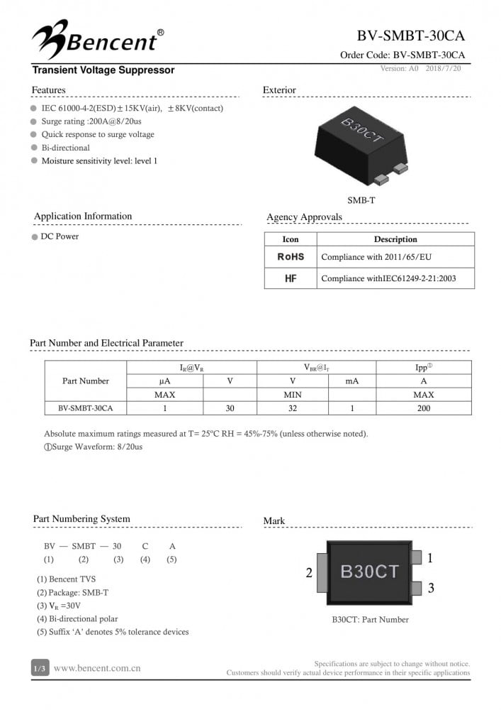 Bencent BV-SMBT-30CA datasheet page 1