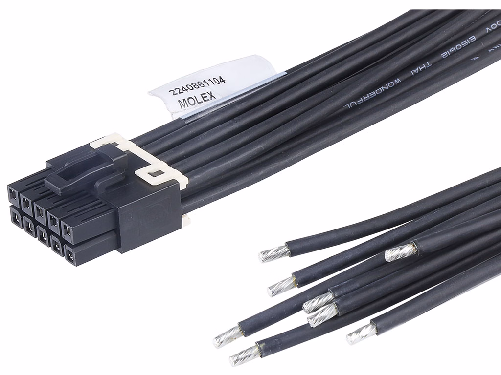 Mini-Fit Max-to-Pigtail Off-the-Shelf (OTS) Cable Assembly, Dual Row, Matte Tin (Sn) Plating, 10 Circuits, 600.00mm Length, Black