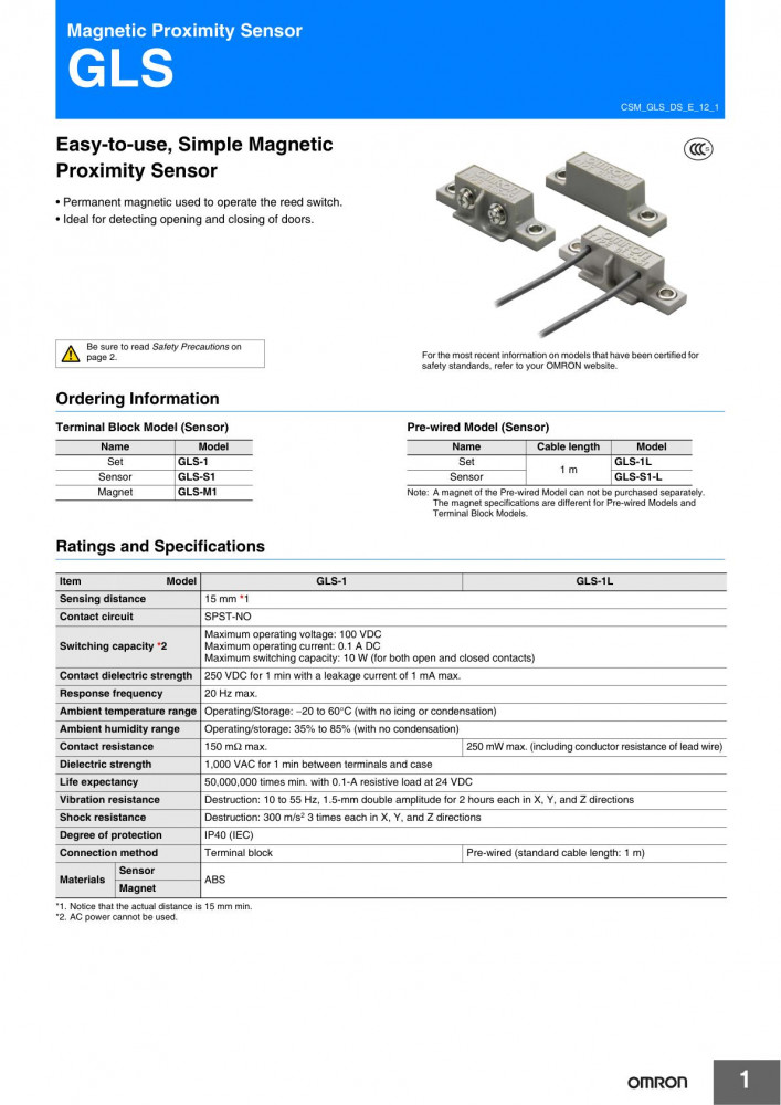 OMRON GLS series datasheet page 1