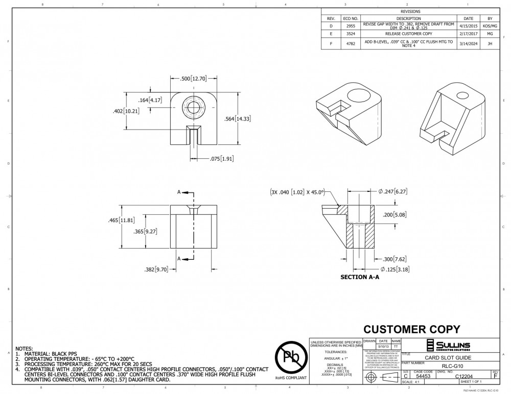 Sullins RLC-G10 card slot guide technical drawing