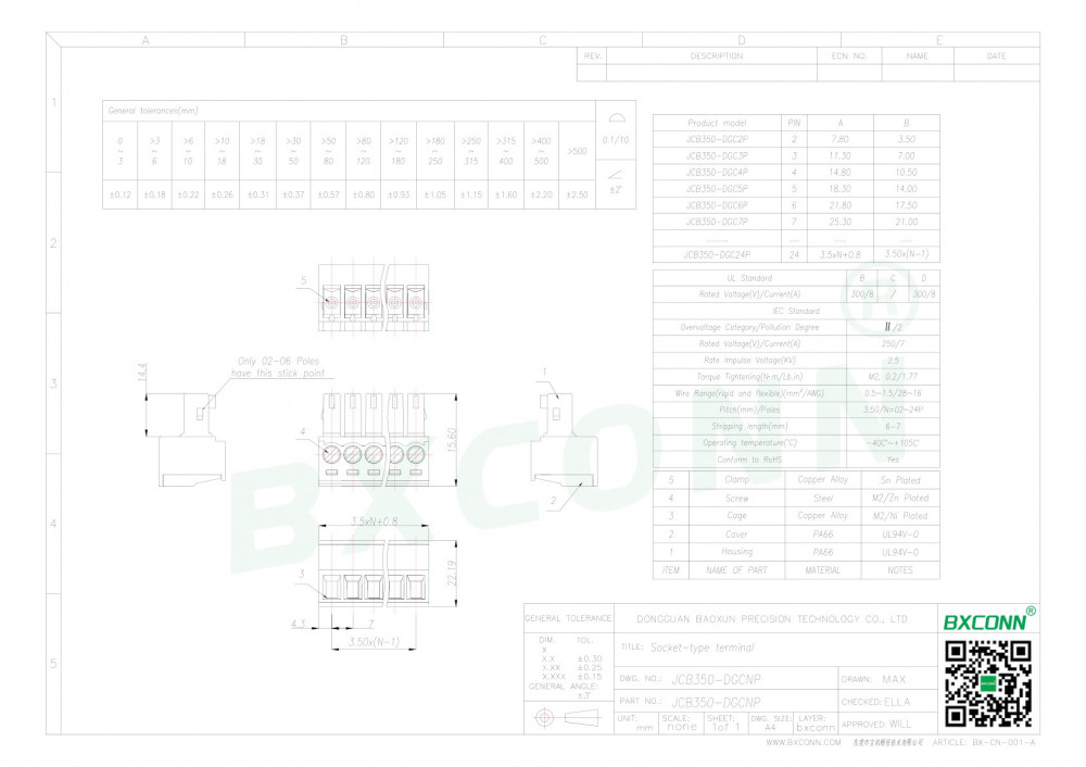 BXCONN JCB350-DGCxP socket-type terminal drawing