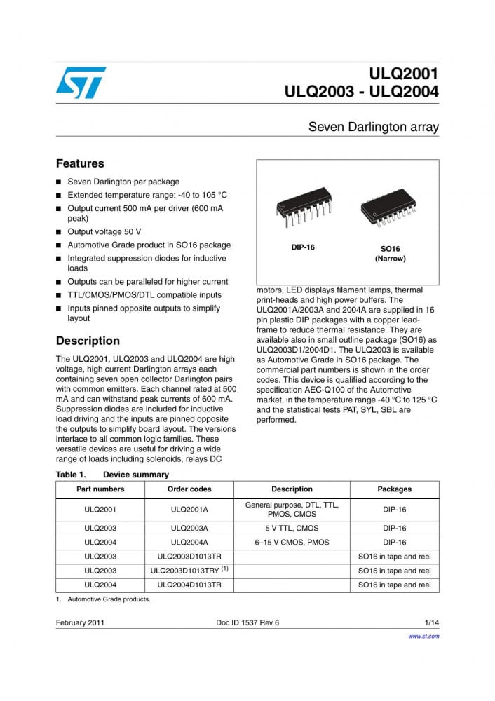 ULQ2004D1013TR datasheet page 1