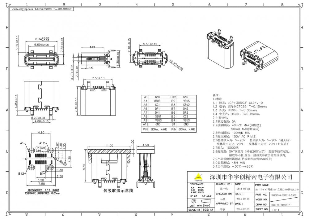 HOAUC HYCW646-USBC16-750B technical drawing