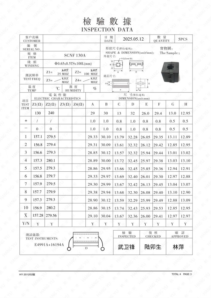 SCNF130A inspection data