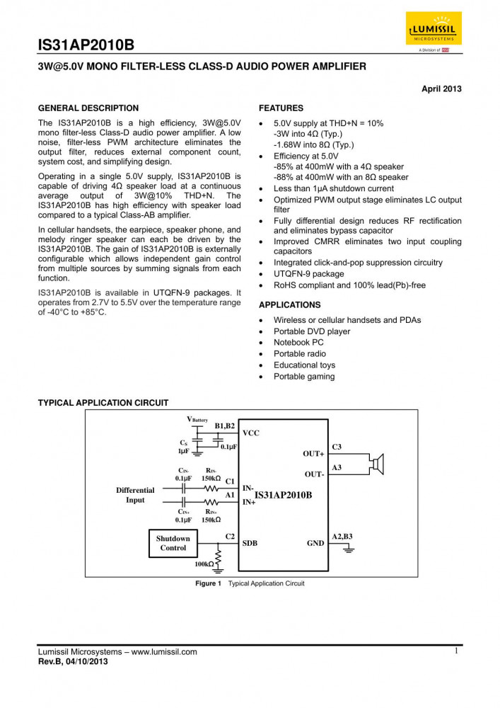 IS31AP2010B datasheet page 1
