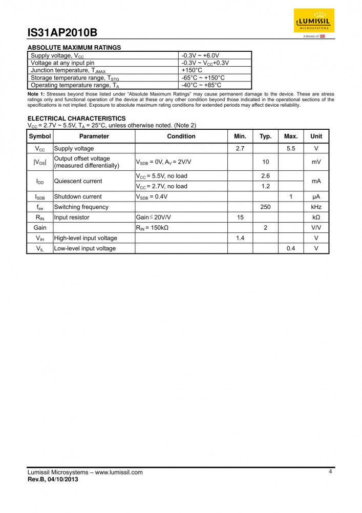 IS31AP2010B datasheet page 4