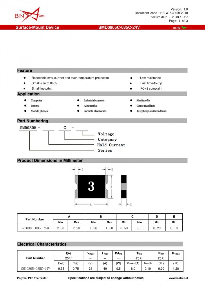 BNstar SMD0805-035C-24V datasheet page 1