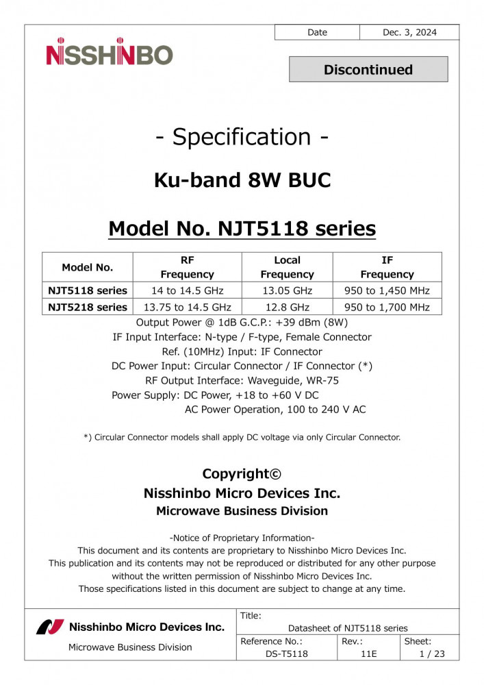 NJT5118 series datasheet page 1